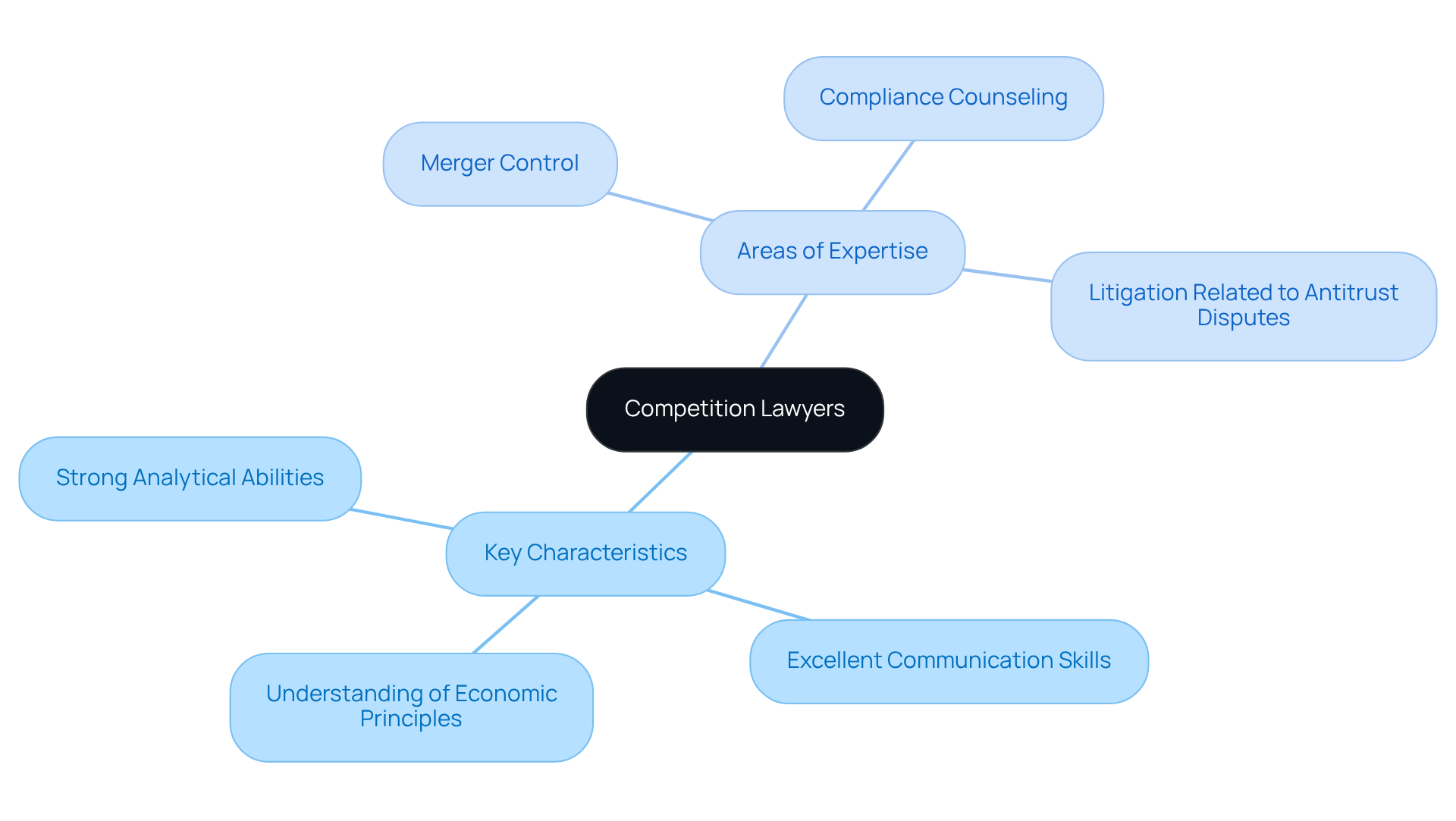 The central node represents competition lawyers, with branches showing their key skills and areas of expertise. Each branch highlights important aspects of their professional profile.