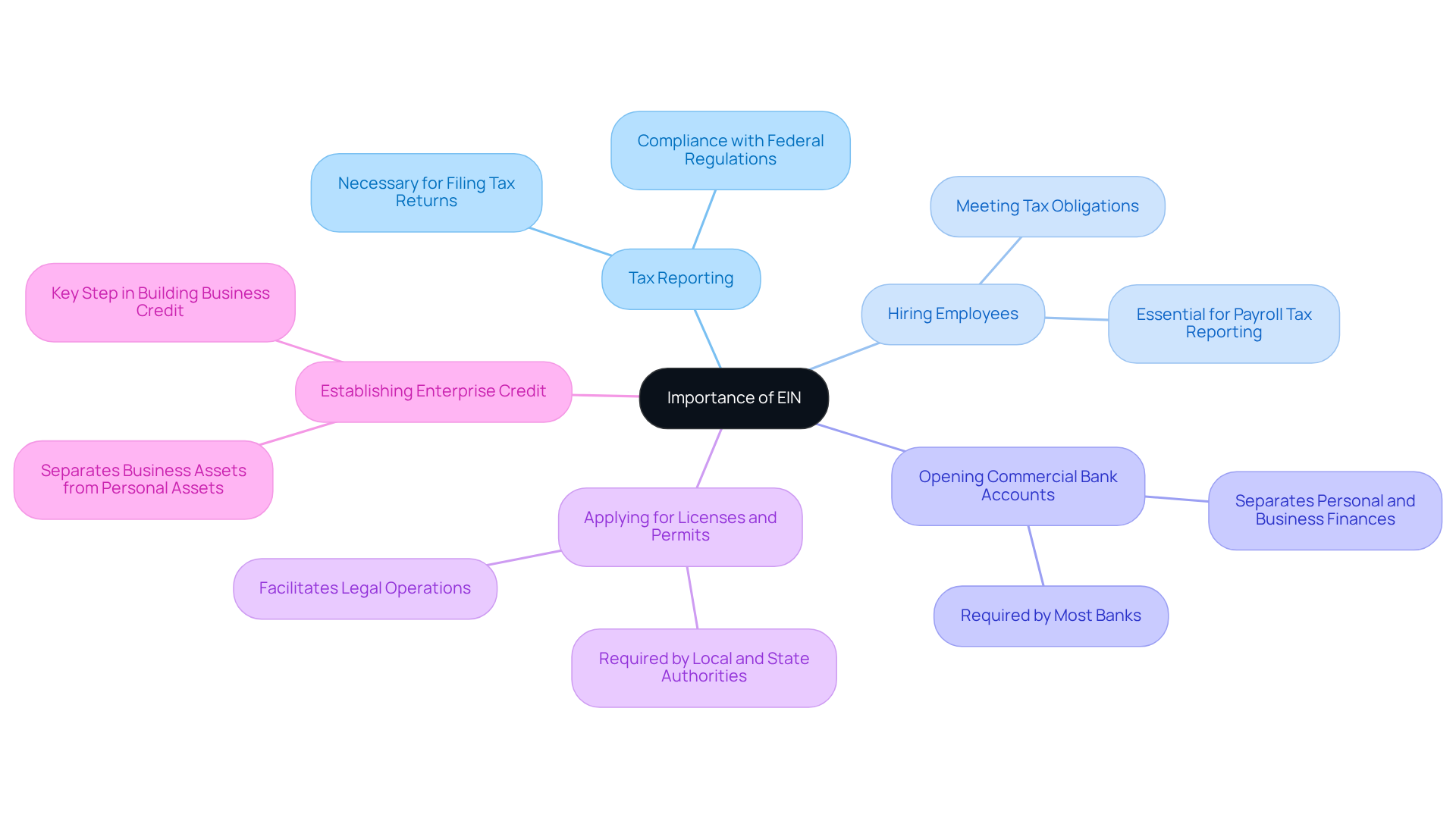 This mindmap starts with the central idea of why an EIN is important for your business. Each branch represents a specific reason, helping you see how each aspect connects back to the main idea. Follow the branches to explore the details of each reason!