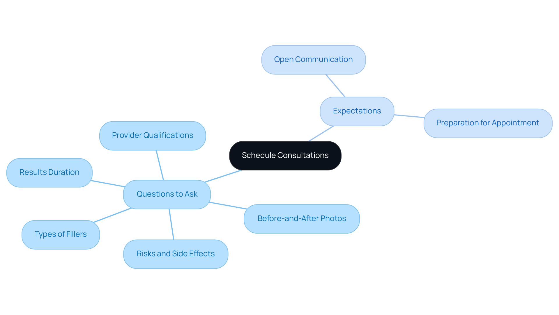 The center represents the main topic of scheduling consultations. The branches show important questions to ask and expectations to set, helping you prepare for a successful meeting with your provider.