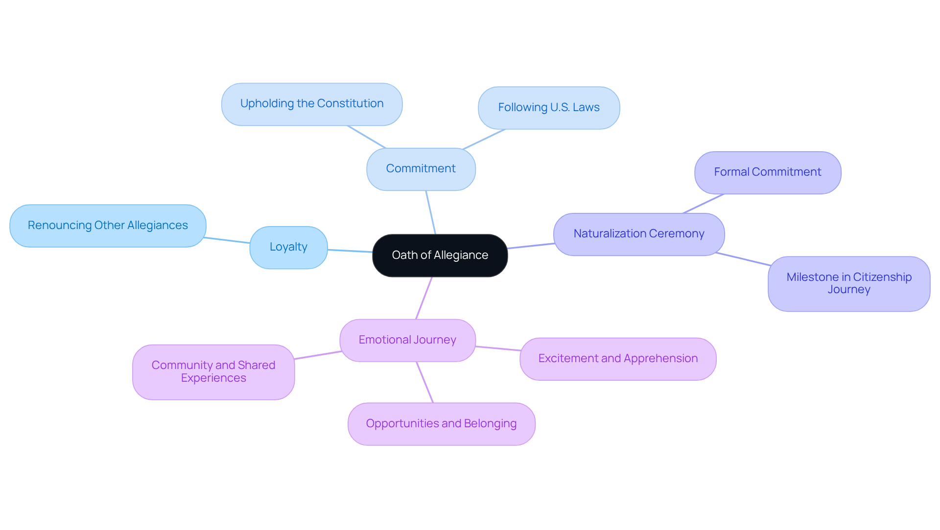 The center shows the Oath of Allegiance, and each branch represents an important aspect of this commitment. Follow the branches to explore how each theme relates to the journey of becoming a U.S. citizen.