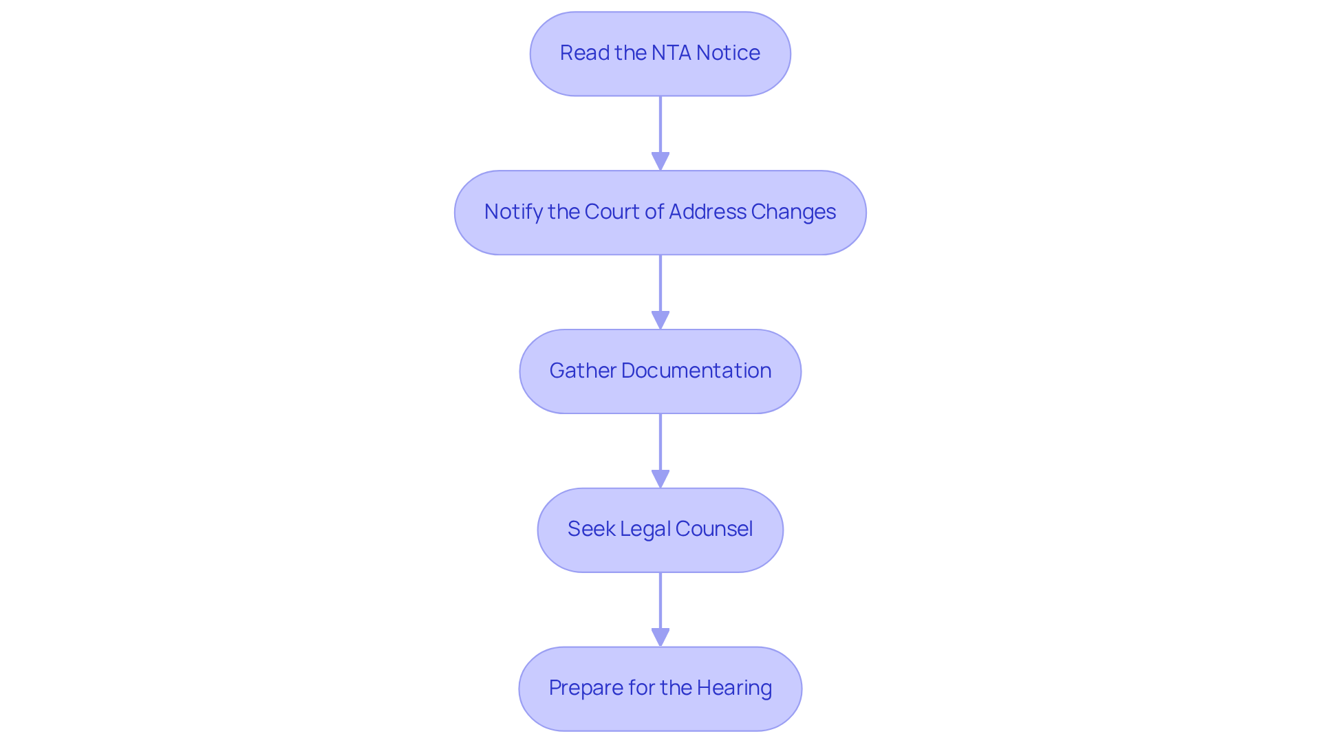 Each box represents a crucial step in the process after receiving an NTA. Follow the arrows to see the order of actions you should take to protect your rights and prepare for your hearing. Each box represents a crucial step in the process after receiving an NTA. Follow the arrows to see the order of actions you should take to protect your rights and prepare for your hearing.