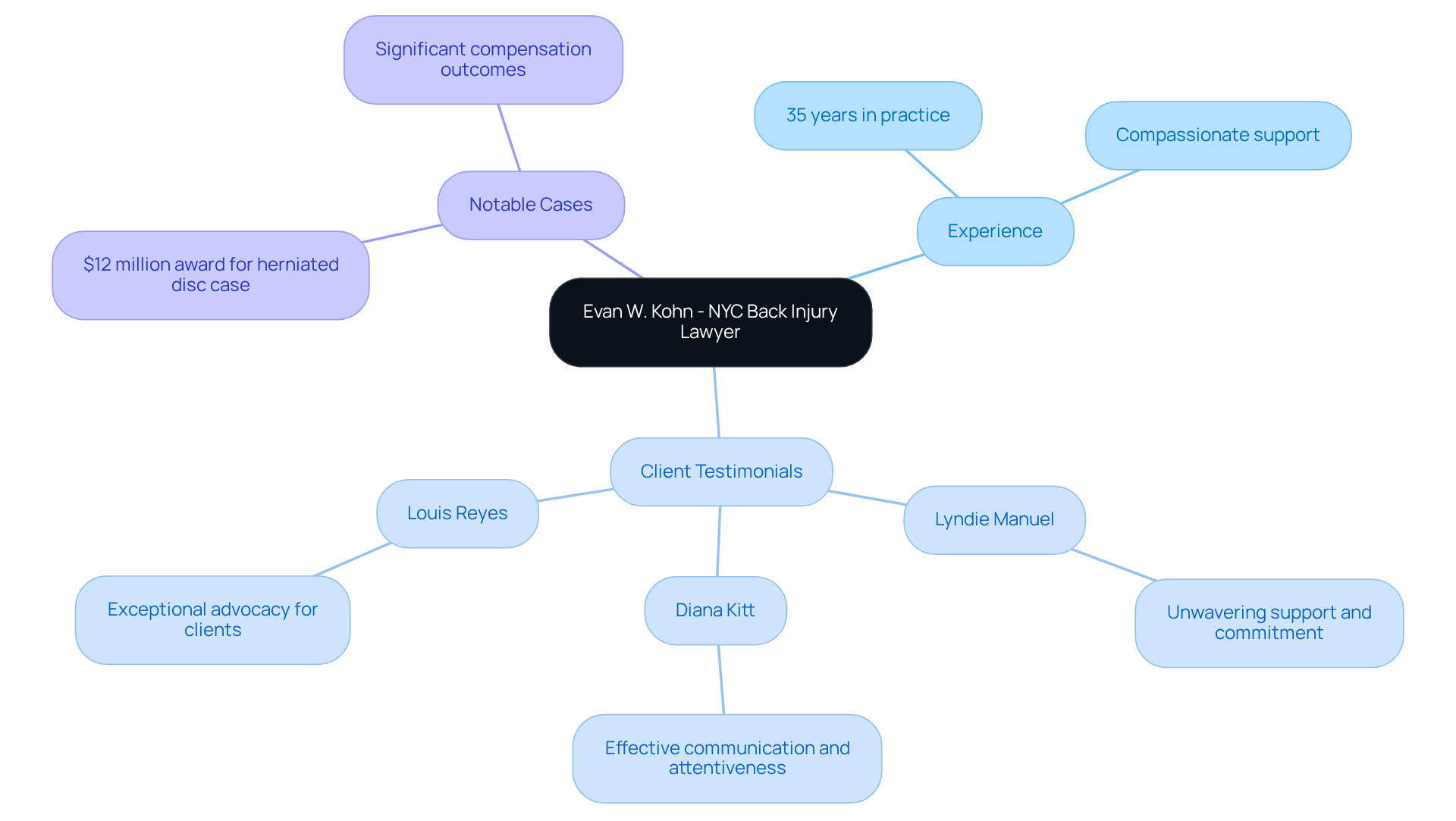 The central node represents the lawyer, with branches showing his experience, what clients say about him, and significant case outcomes. Each branch highlights different aspects of his practice, making it easy to understand his strengths and client satisfaction. The central node represents the lawyer, with branches showing his experience, what clients say about him, and significant case outcomes. Each branch highlights different aspects of his practice, making it easy to understand his strengths and client satisfaction.