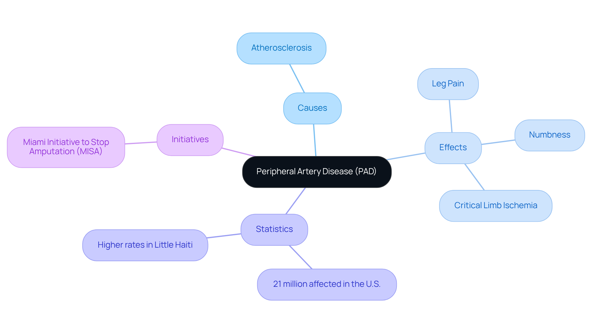This mindmap starts with PAD at the center, branching out to show its causes, effects, and local initiatives. Each branch represents a different aspect of PAD, helping you see how they connect and why understanding this condition is important.
