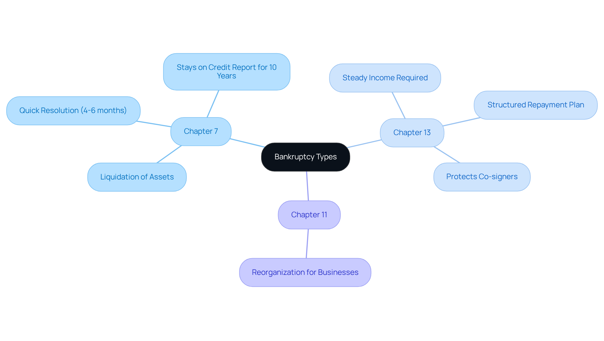This mindmap starts with the main topic of bankruptcy types at the center. Each branch represents a specific type of bankruptcy, with further details branching out from each type. This helps you see the differences and important points at a glance.