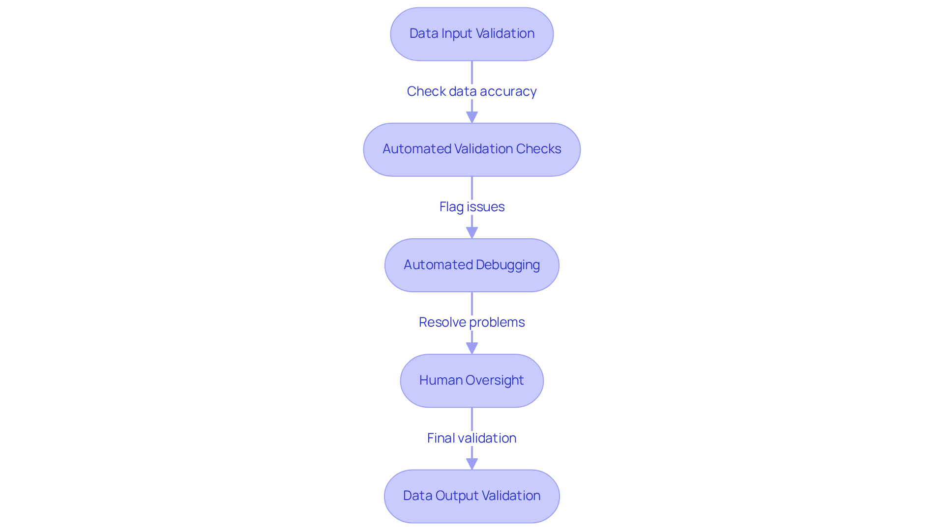 Follow the arrows to see how data validation unfolds in AI applications. Each step ensures that data remains accurate and reliable, from the initial input checks all the way to the final output validation.