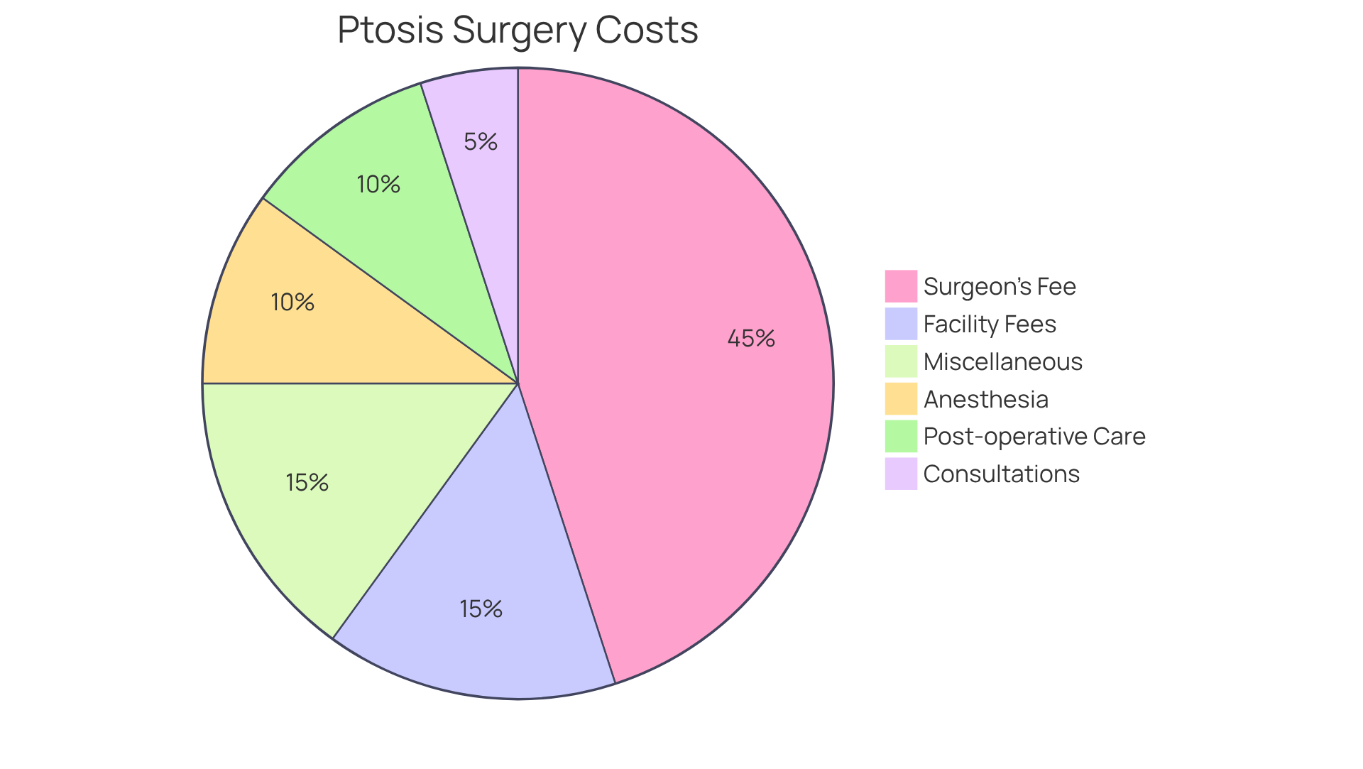 Each slice of the pie shows a different part of the total cost for ptosis surgery. The bigger the slice, the more significant that expense is in relation to the overall budget. Each slice of the pie shows a different part of the total cost for ptosis surgery. The bigger the slice, the more significant that expense is in relation to the overall budget.