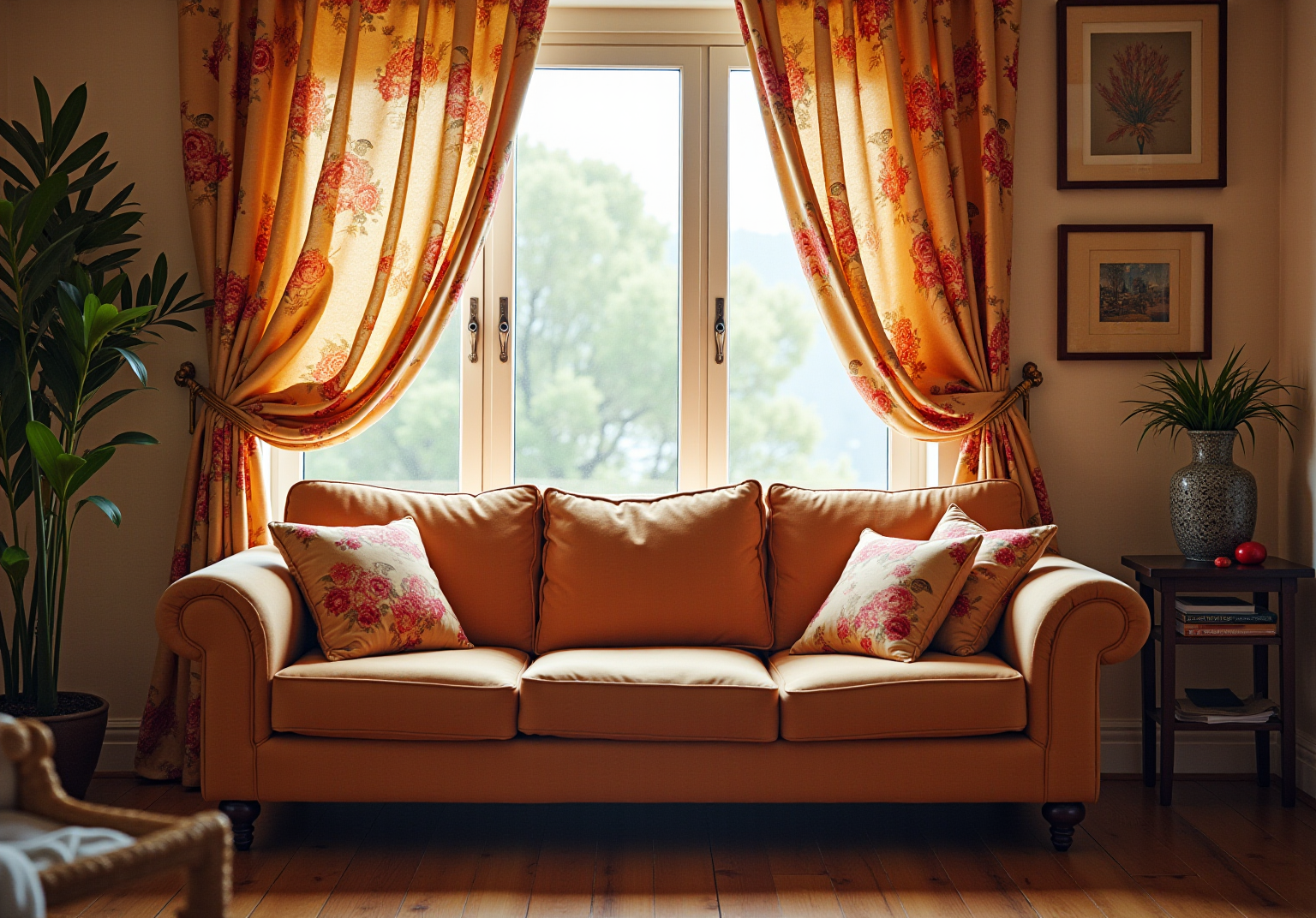 Inviting Living Room with Floral Patterns