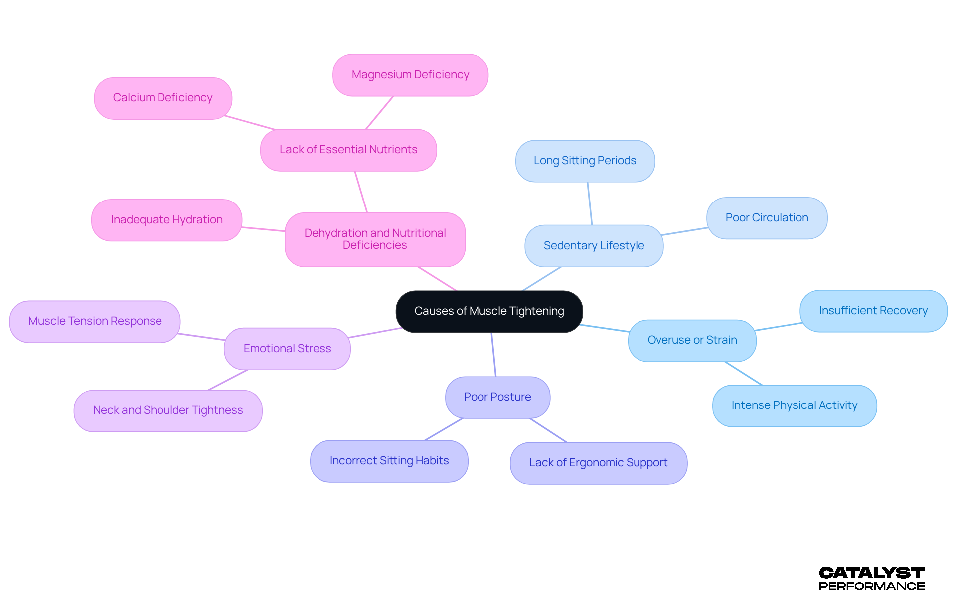 The central node represents the main issue of muscle tightening, while the branches show different causes. Each color-coded branch helps you see how various factors contribute to the problem, making it easier to identify which areas you might want to focus on for relief.
