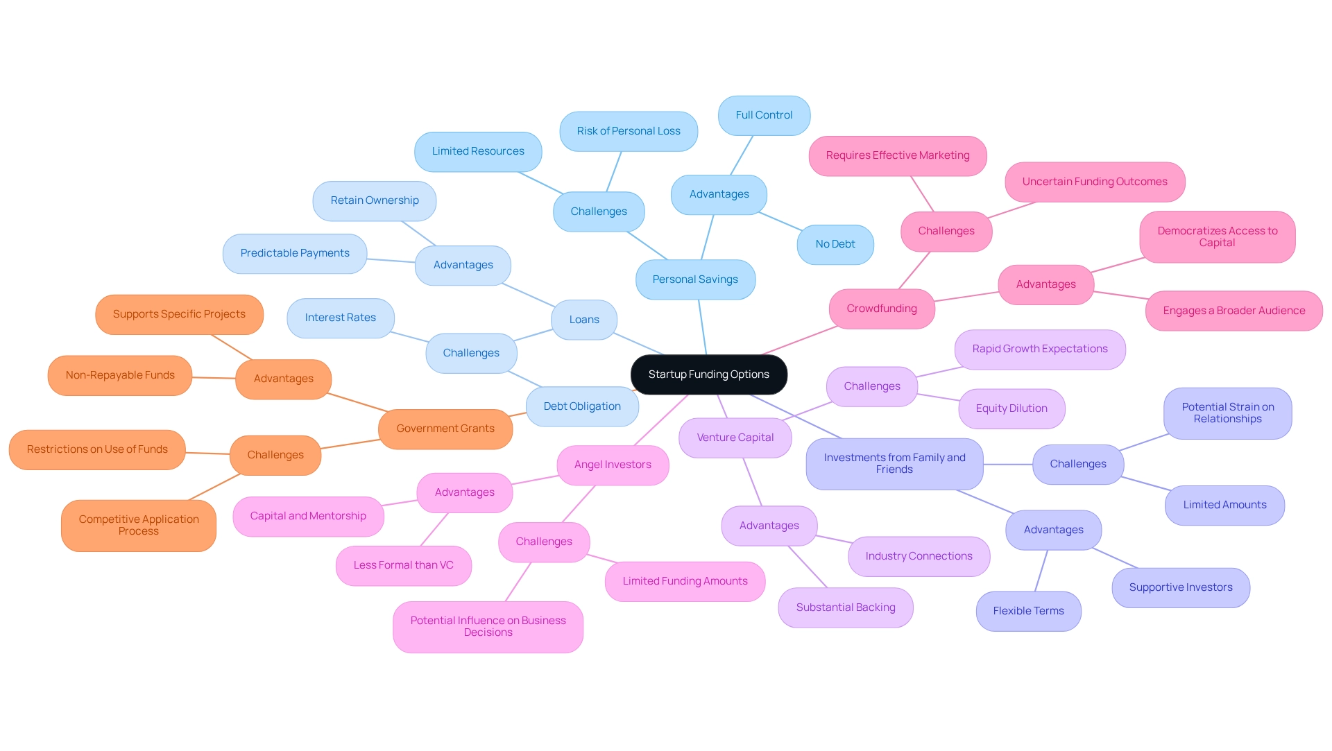 Each branch represents a different funding option, with sub-branches detailing advantages and challenges. Colors differentiate between funding types.