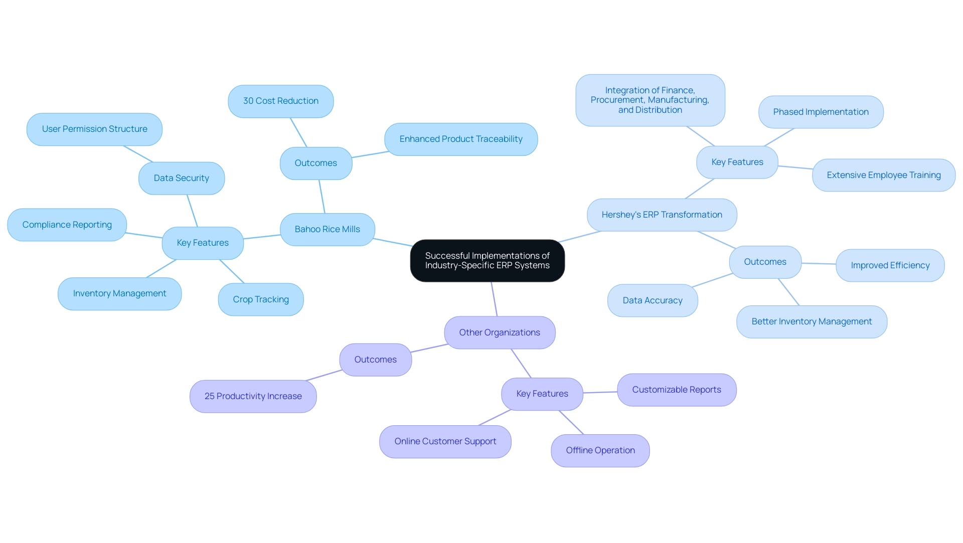 Each branch represents a case study of an organization implementing an ERP system, with sub-branches for key features and outcomes. Different colors denote different organizations.