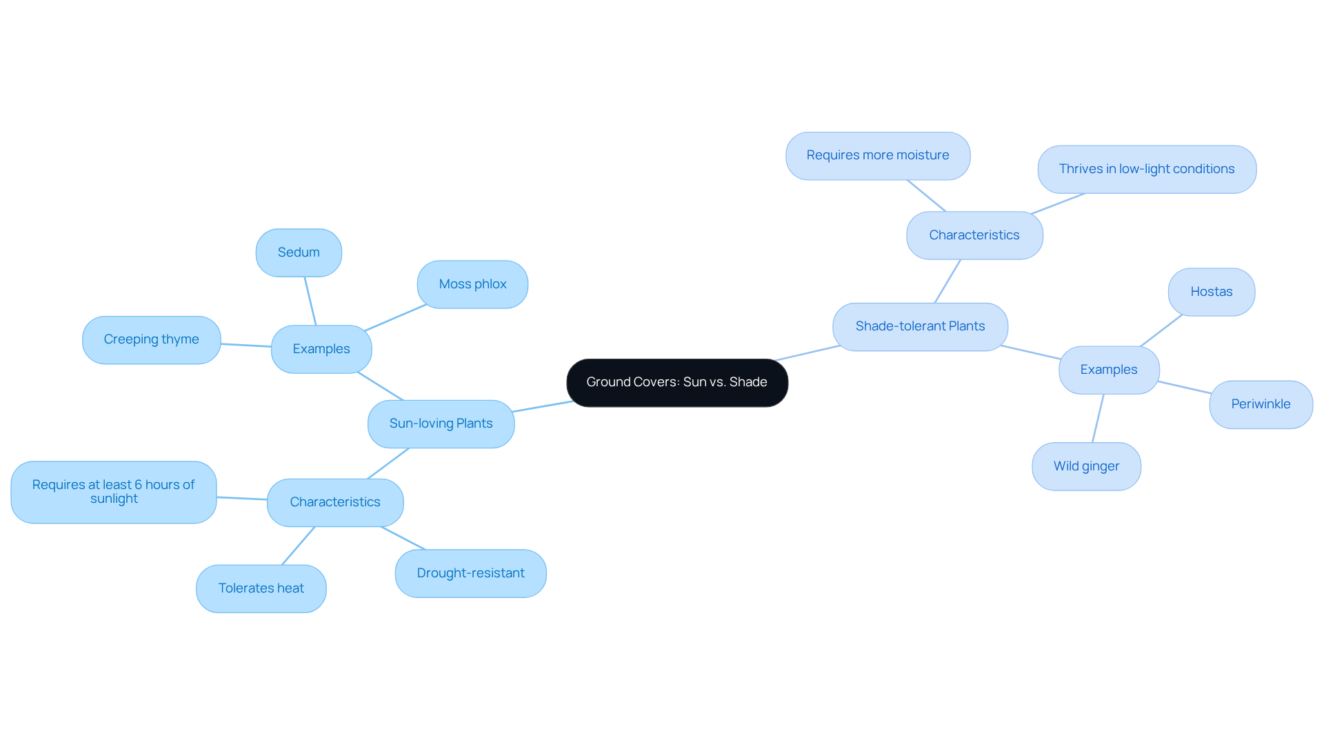 This mindmap helps you see the differences between ground covers that thrive in full sun and those that do well in shade. Each branch shows key characteristics and examples of plants, making it easier to choose the right ground cover for your garden.