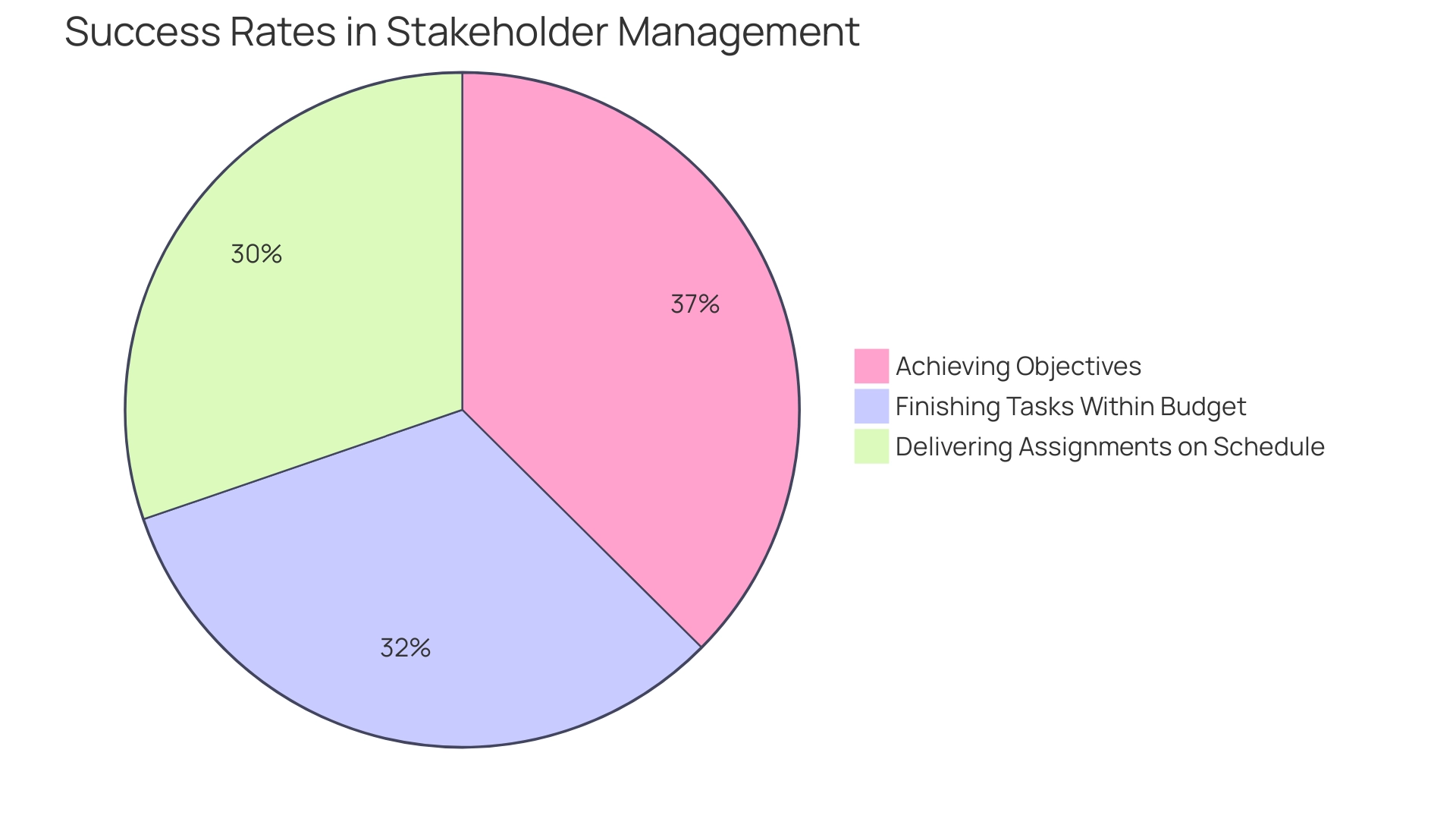 Each slice represents a different success metric related to stakeholder management: achieving objectives (73%), finishing tasks within budget (63%), and delivering assignments on schedule (59%).