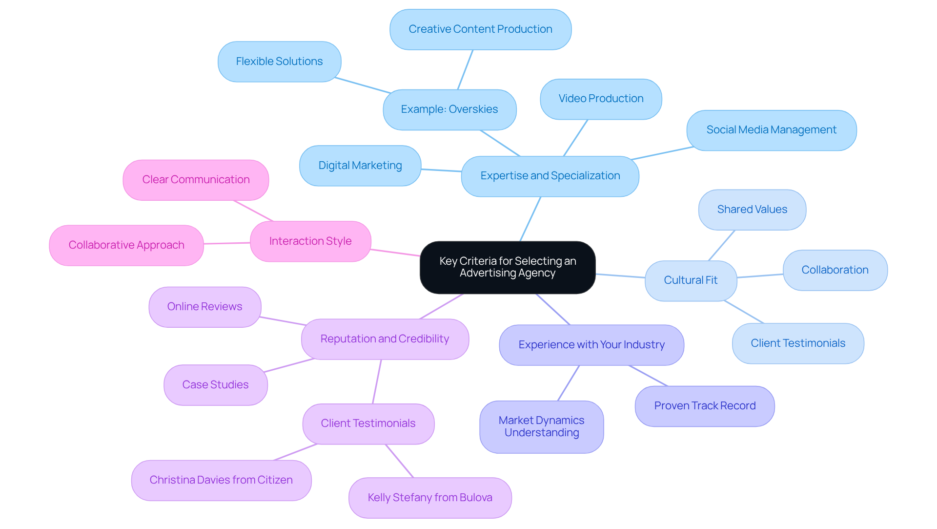 The central node represents the main topic, while the branches show the important criteria to consider. Each branch can have additional details or examples to help you understand why these factors matter when choosing an agency.