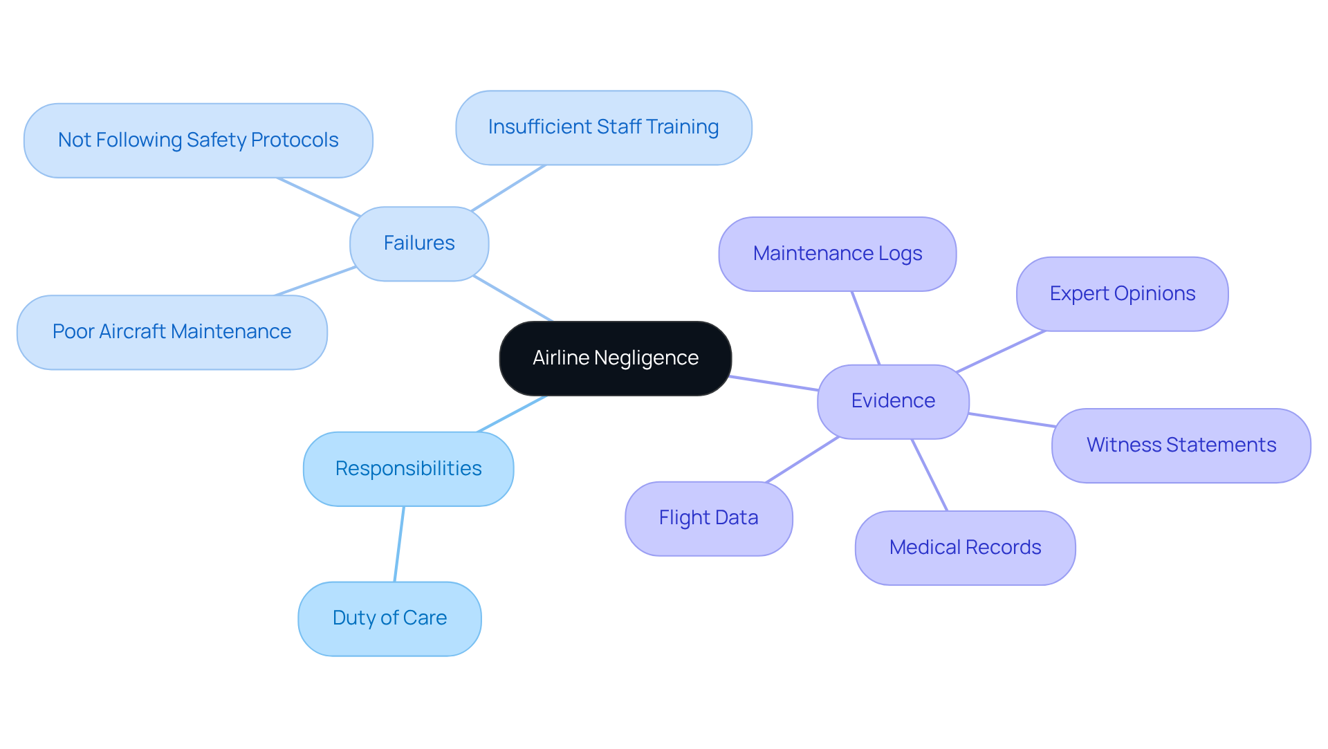 Start at the center with the main topic of airline negligence, then follow the branches to see the responsibilities, common failures, and types of evidence that can support your case.