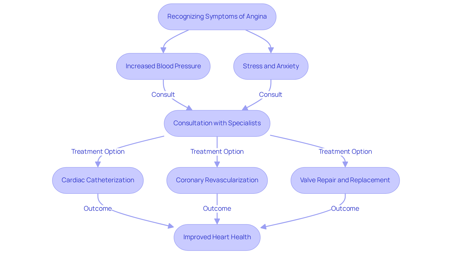This flowchart illustrates the journey from recognizing angina symptoms to receiving specialized care. Each step shows how symptoms can lead to consultations and treatments, ultimately aiming for better heart health.