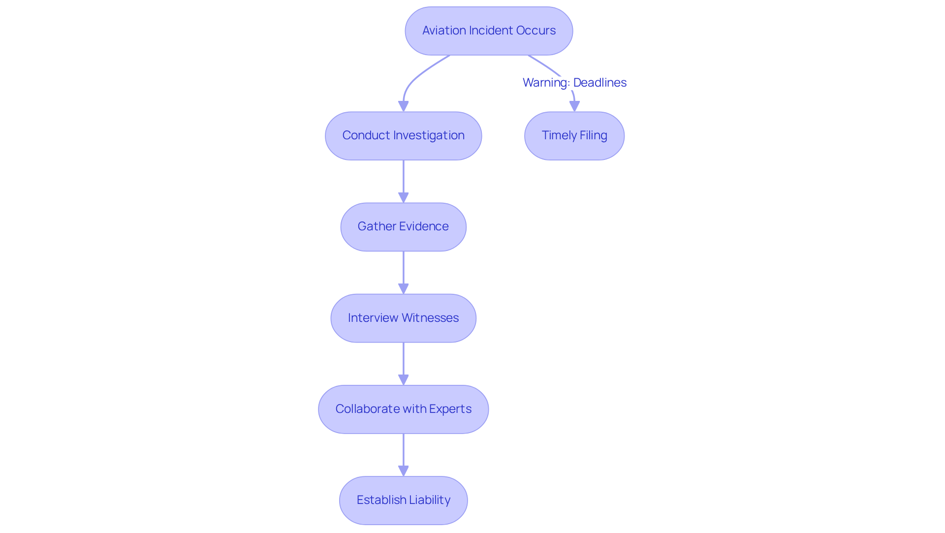 This flowchart outlines the steps taken after an aviation incident. Each box represents a key action in the investigation process, and the arrows show how these actions connect. Pay special attention to the 'Timely Filing' note, as missing deadlines can impact the ability to seek justice. This flowchart outlines the steps taken after an aviation incident. Each box represents a key action in the investigation process, and the arrows show how these actions connect. Pay special attention to the 'Timely Filing' note, as missing deadlines can impact the ability to seek justice.