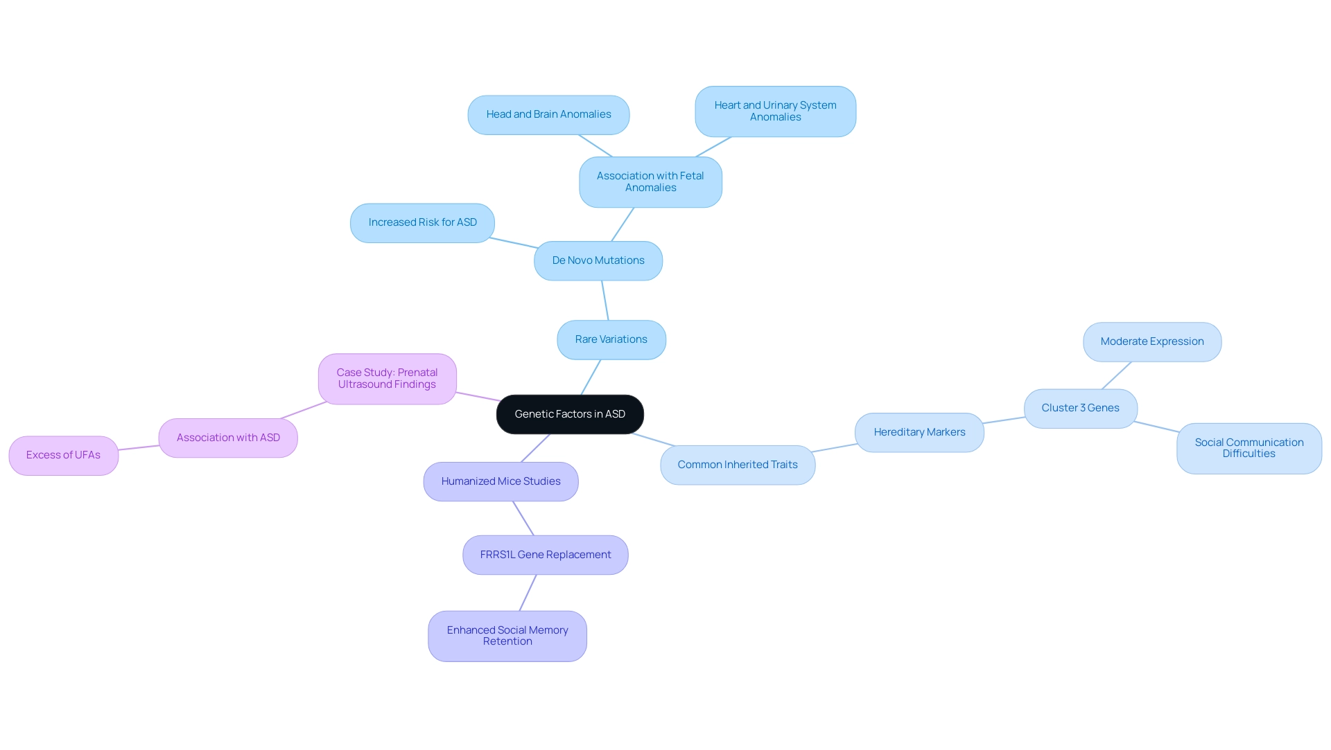 The central node represents the overarching theme of genetic factors in ASD, with branches indicating rare variations and common inherited traits, each further subdivided into specific aspects.