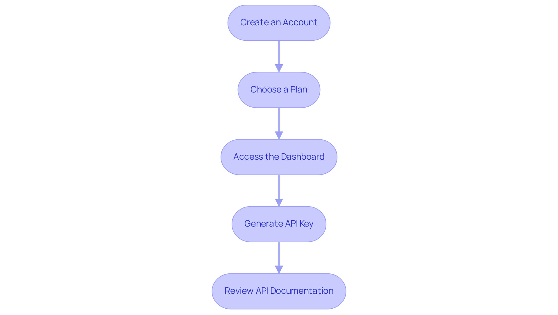 Each box represents a step in the setup process. Follow the arrows to see how to move from creating your account to accessing the API documentation.