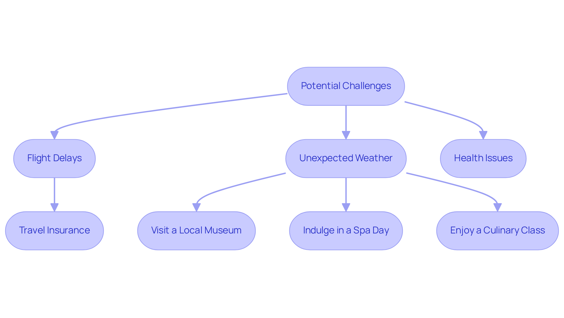 This flowchart shows how to deal with challenges that might come up during your vacation. Each challenge has solutions you can choose from to keep your trip enjoyable.