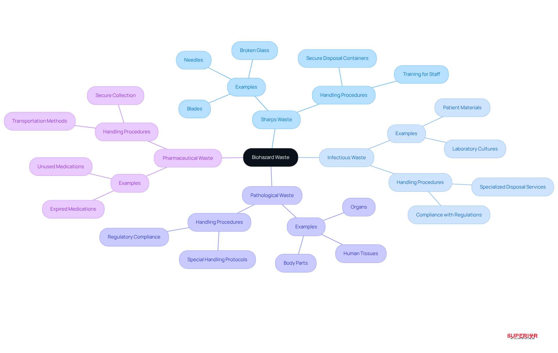 The central node represents biohazard waste, while the branches show the different types. Each type has its own color and can include more details about what it entails and why it's important.