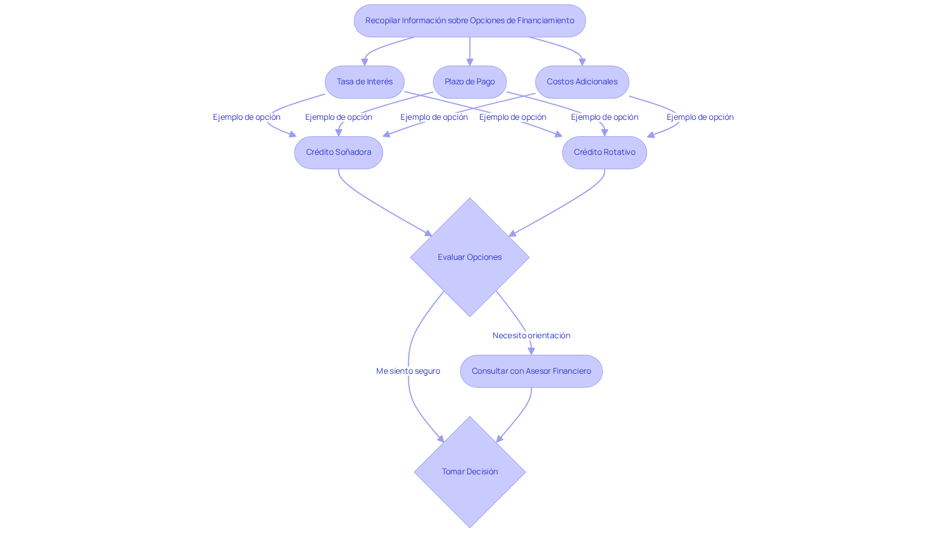 Cada cuadro representa un paso en el proceso de evaluación. Sigue las flechas para ver cómo se relacionan los factores y las opciones de financiamiento. Cada cuadro representa un paso en el proceso de evaluación. Sigue las flechas para ver cómo se relacionan los factores y las opciones de financiamiento.