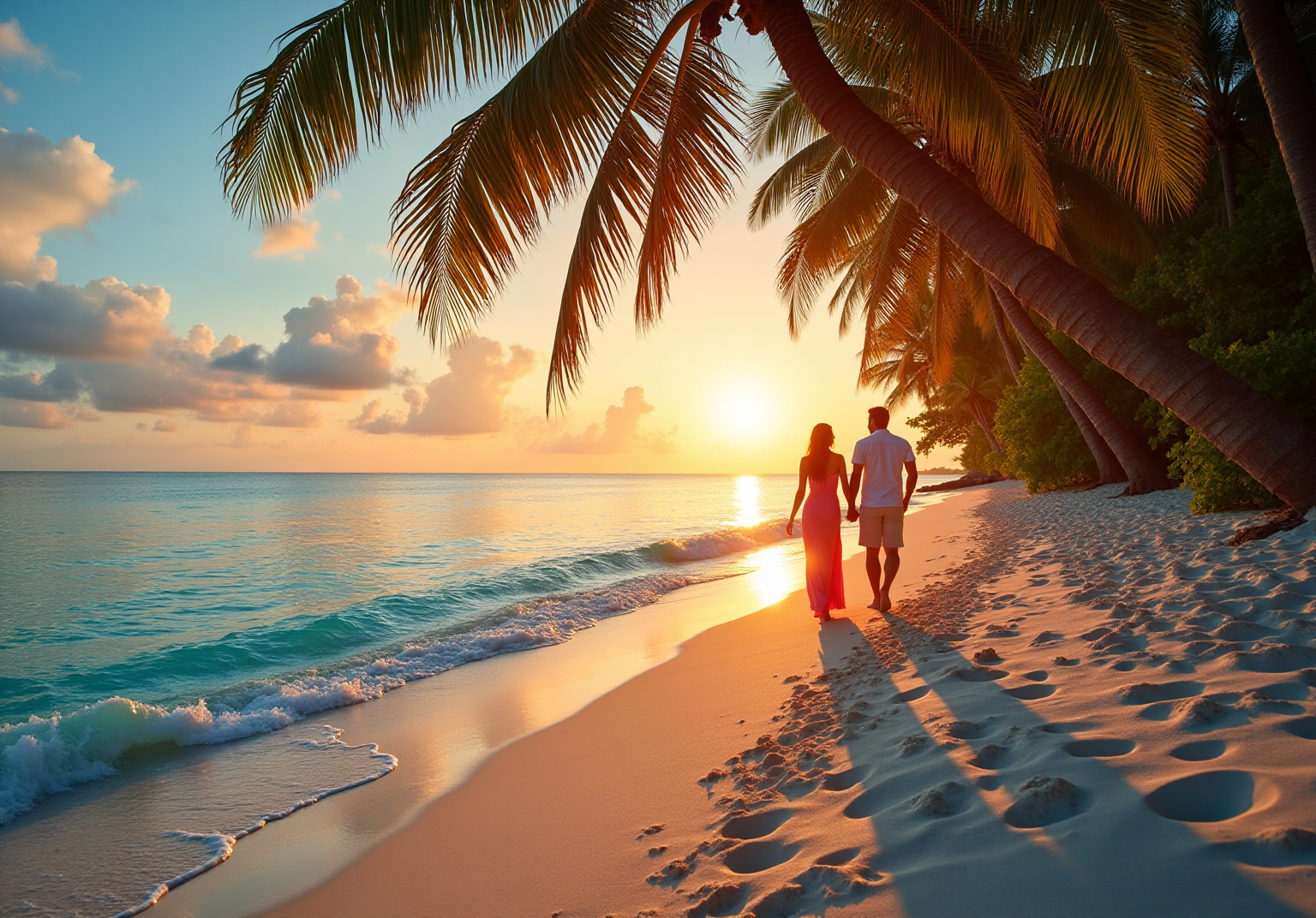 Romantic Stroll on Maldives Beach at Sunset