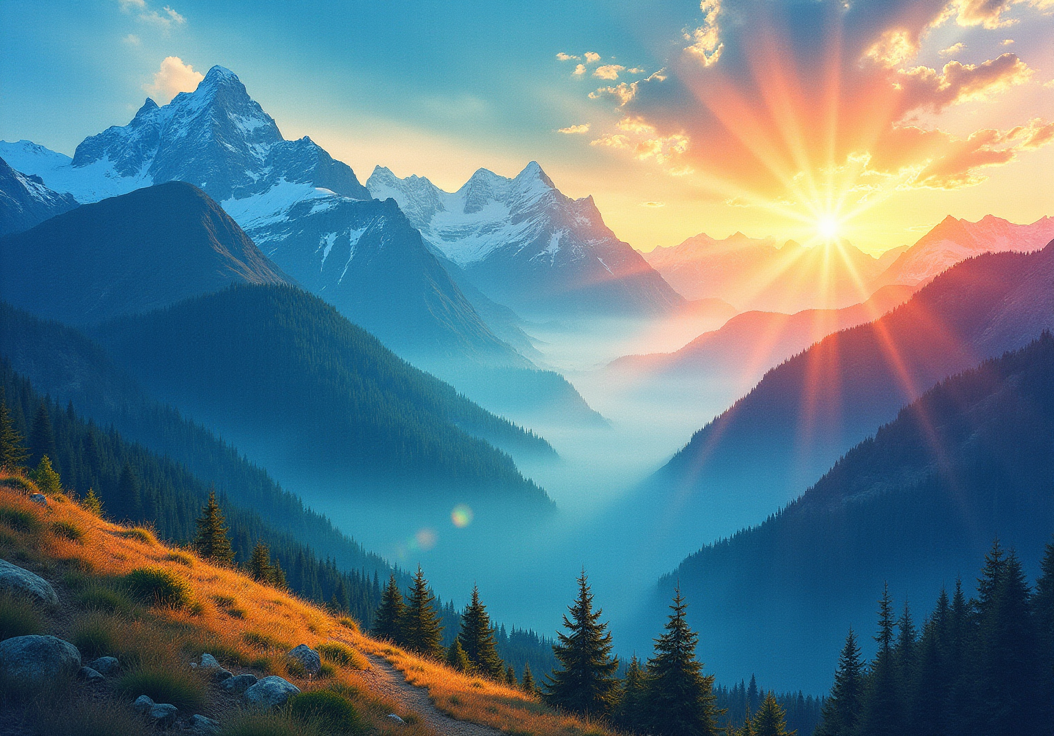 Vibrant Watercolor Mountain Landscape