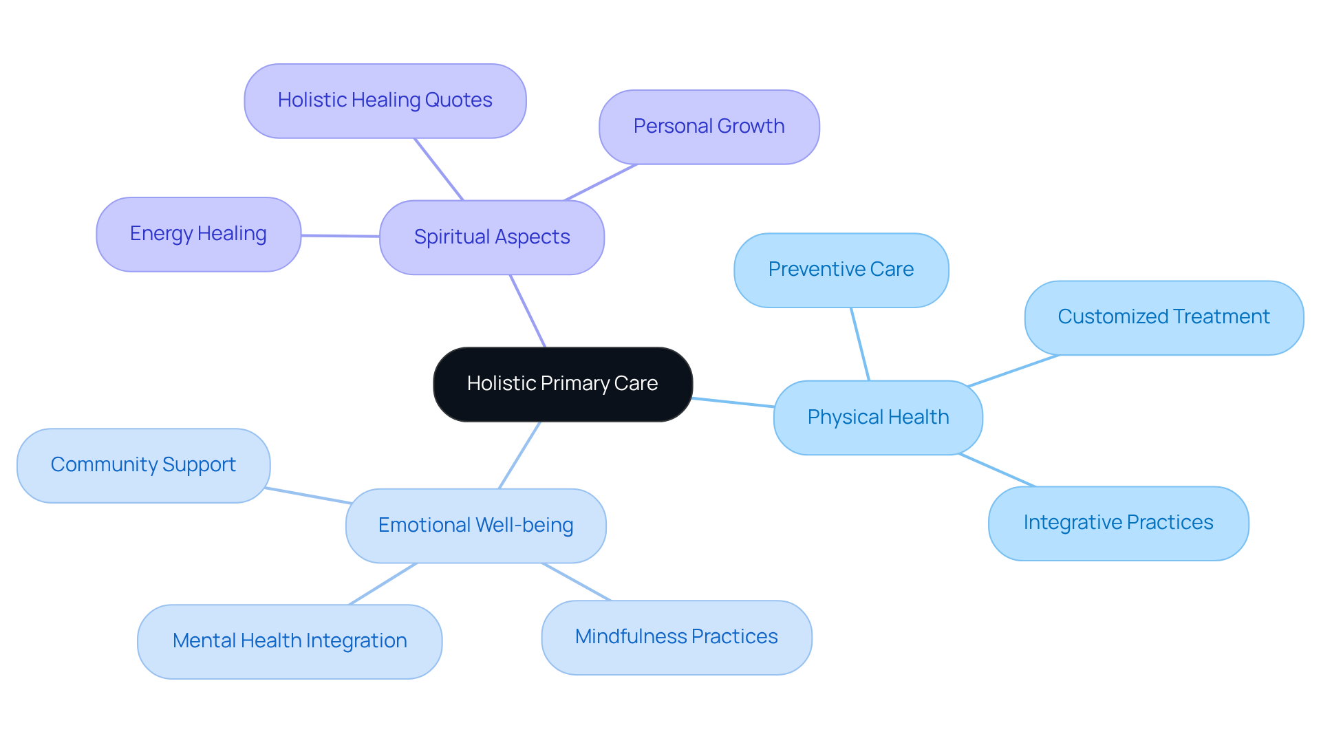The center represents the holistic approach to health, while the branches show how different aspects of well-being connect and contribute to overall health. Each color-coded branch highlights a key area of focus.