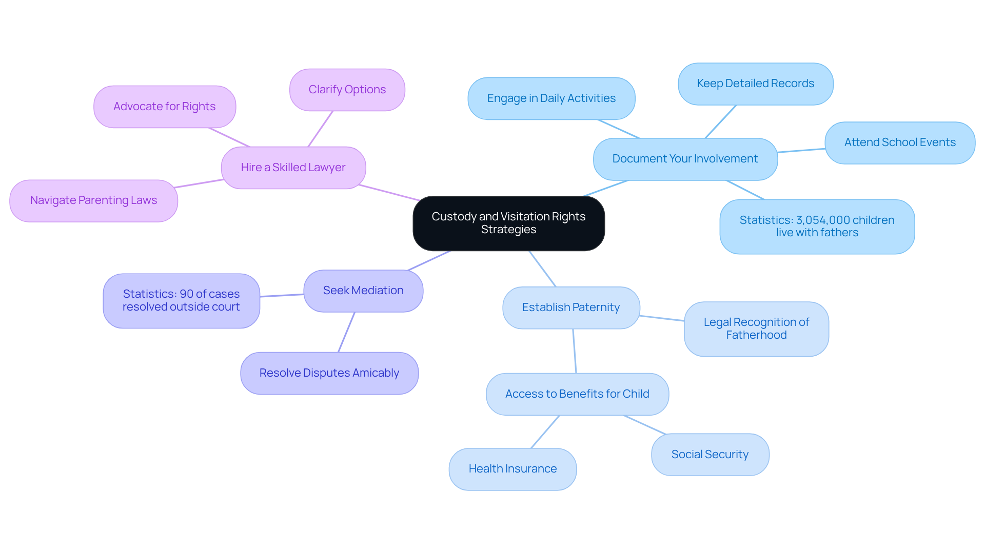 The central node represents the overall theme of custody and visitation rights. Each branch shows a strategy that fathers can use, with additional points detailing what actions to take under each strategy.