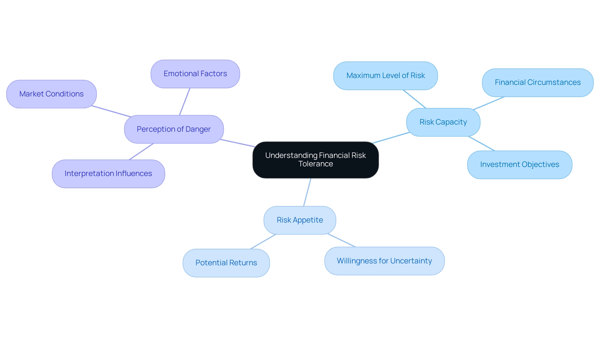 Each branch represents a key concept related to financial risk tolerance, with sub-branches providing further details. Colors distinguish between Risk Capacity, Risk Appetite, and Perception of Danger.