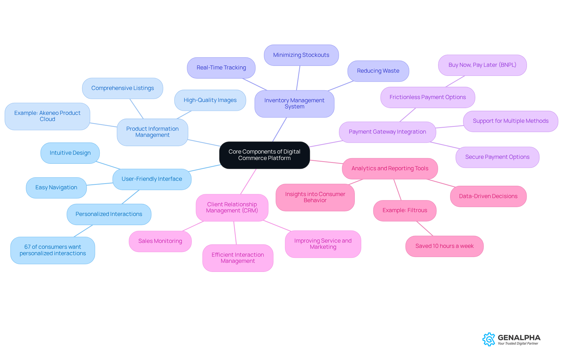 The center represents the main theme of the digital commerce platform. Each branch shows a core component, and the sub-branches provide additional details or examples. This layout helps you see how each part fits into the bigger picture of creating a successful online shopping experience.