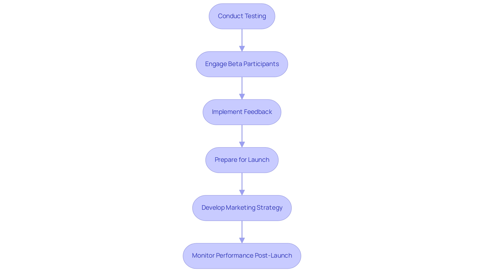 Each box represents a stage in the process, with arrows indicating the sequential flow of actions from testing to launch and beyond.