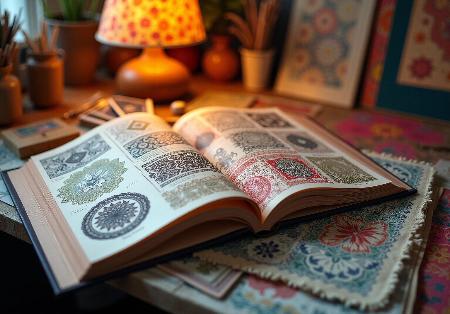 Inspiring Patterns Book in an Artistic Workspace Inspiring Patterns Book in an Artistic Workspace