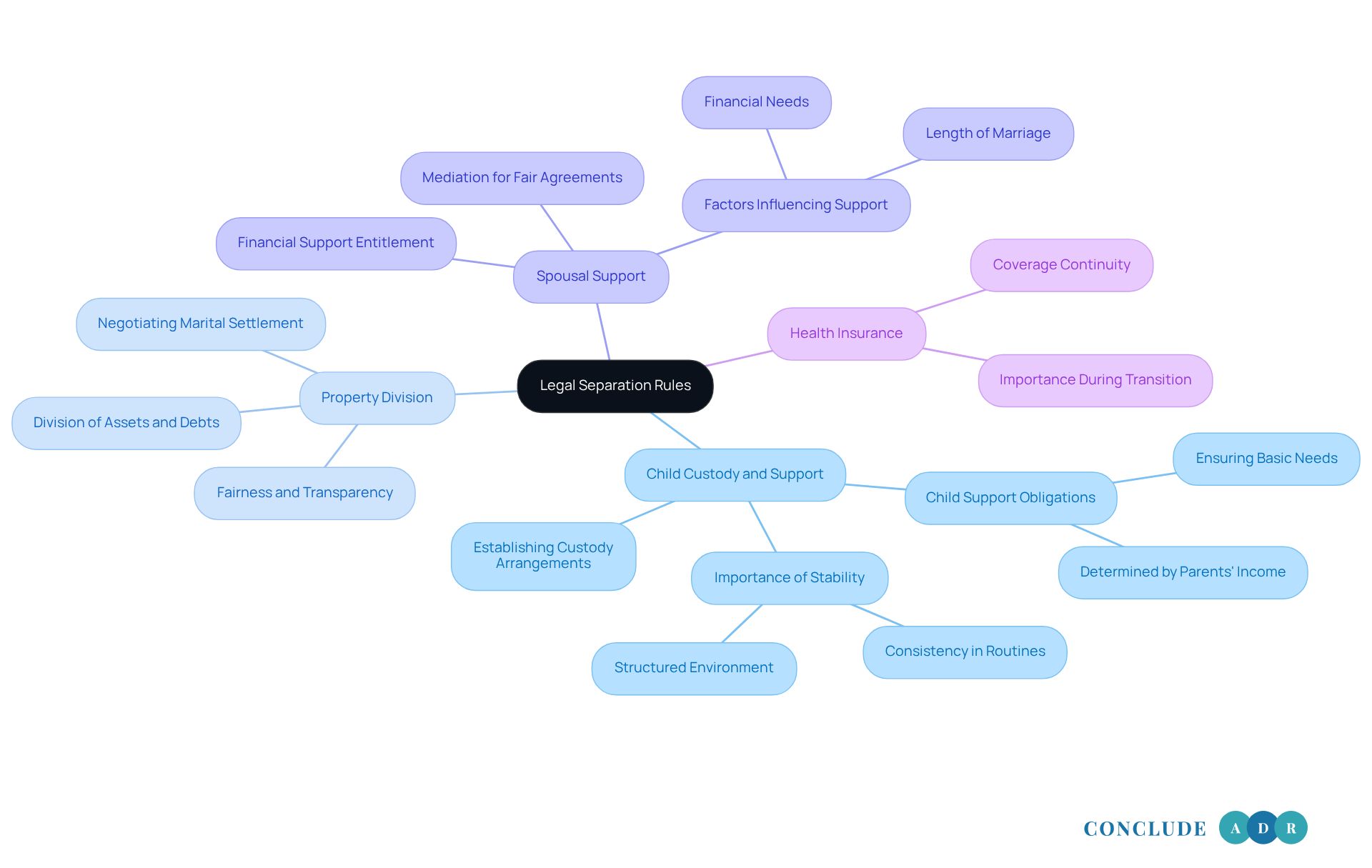 Start at the center with the main topic of legal separation. Each branch represents a key area of rights and responsibilities, and as you follow the branches, you'll find specific considerations and processes related to each area.