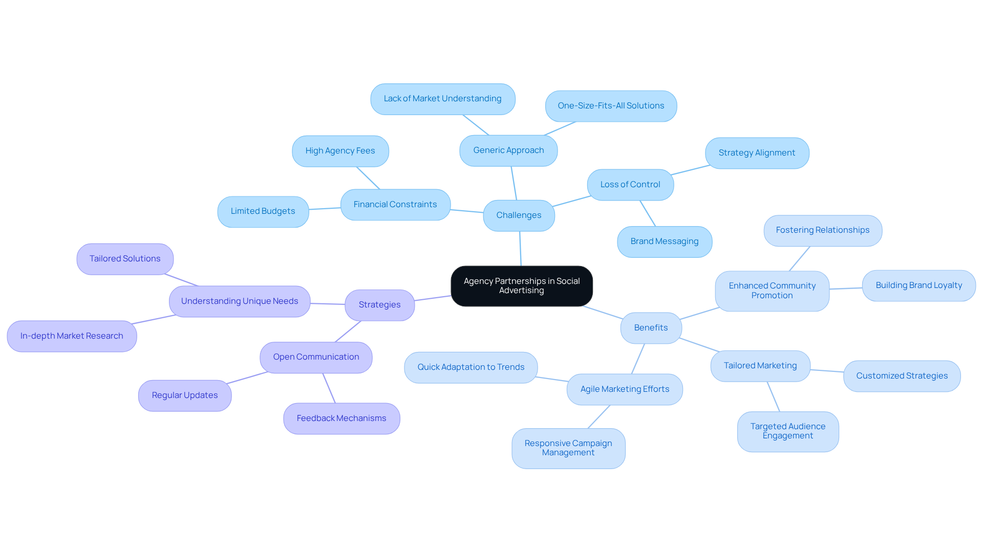 This mindmap illustrates the various perspectives on partnering with social advertising agencies. Start at the center with the main topic, then explore the branches to see the challenges startups face, the benefits of a good partnership, and strategies for success.