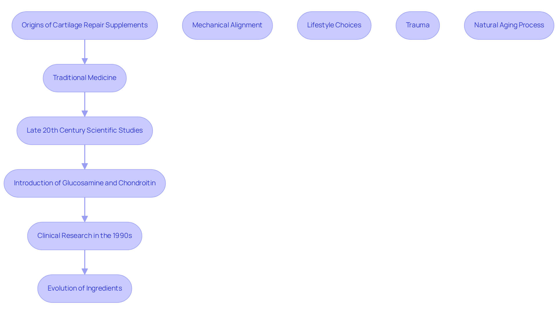 This flowchart shows the journey of cartilage repair supplements from their traditional roots to modern advancements. The boxes represent key milestones in their development, while the factors affecting joint health are listed separately to highlight their importance.