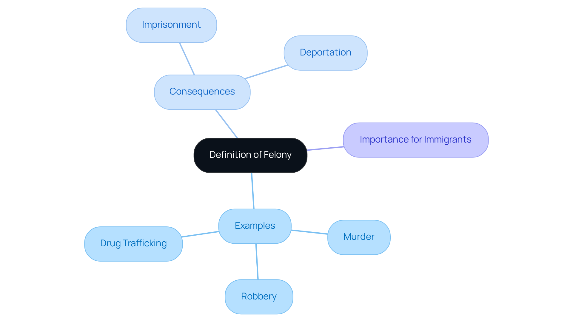 The center represents the main concept of a felony. Follow the branches to explore examples and consequences, especially how they relate to immigrants. Each color-coded branch helps you see the connections clearly. The center represents the main concept of a felony. Follow the branches to explore examples and consequences, especially how they relate to immigrants. Each color-coded branch helps you see the connections clearly.