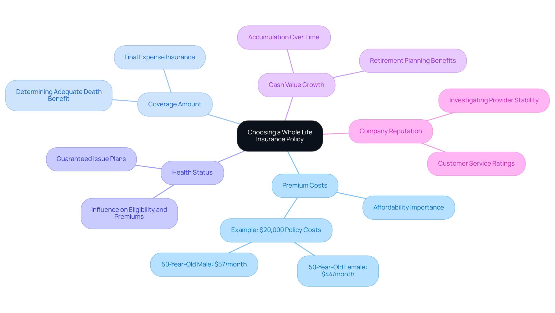 The central node represents the main decision of choosing a policy, while each branch highlights a key factor to consider. The sub-branches provide additional details to help you understand each consideration better.