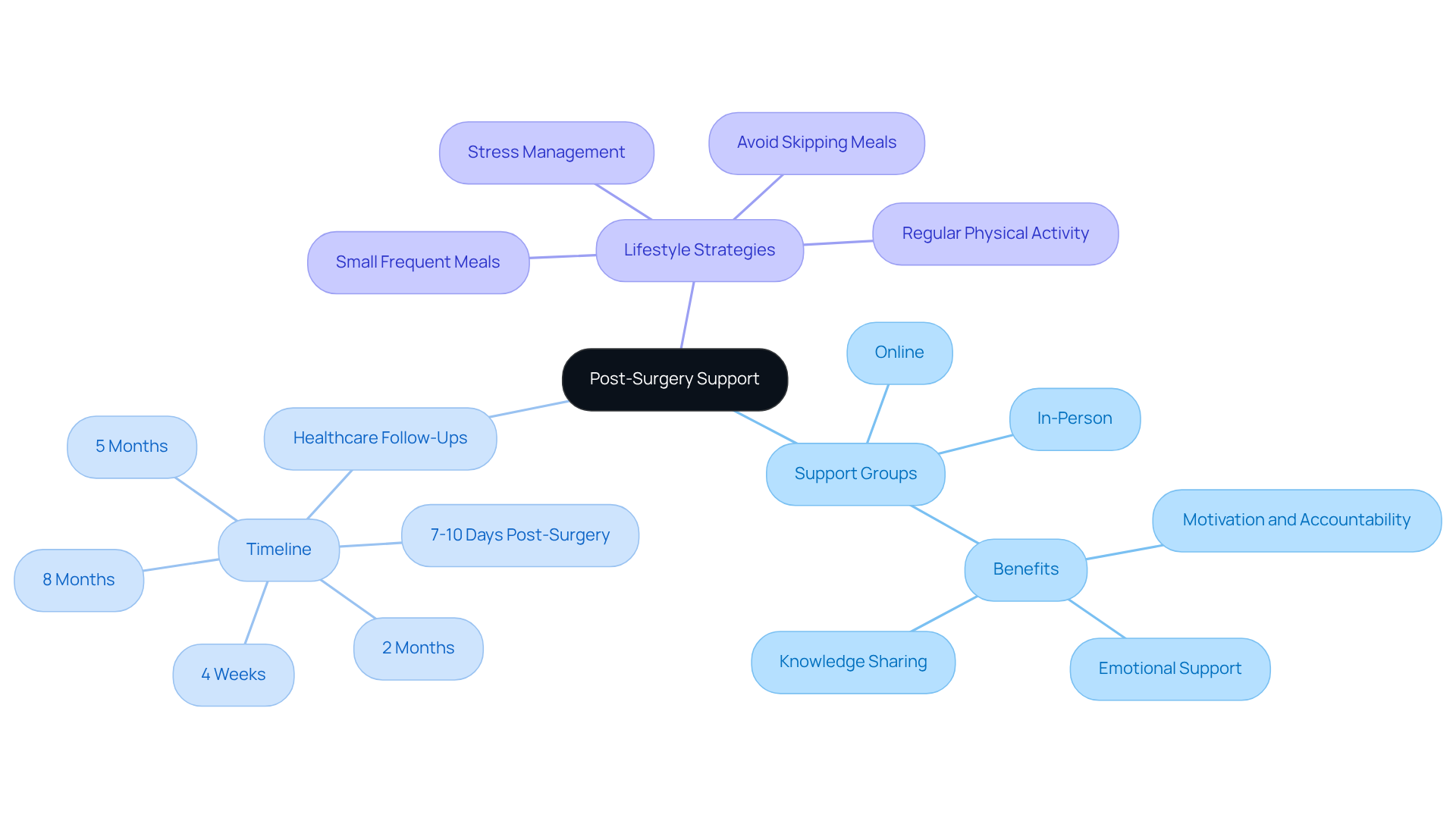 This mindmap shows how different aspects of support contribute to success after surgery. Start at the center with the main idea, then explore the branches to see how support groups, healthcare follow-ups, and lifestyle strategies work together to help individuals thrive after their weight-loss journey.