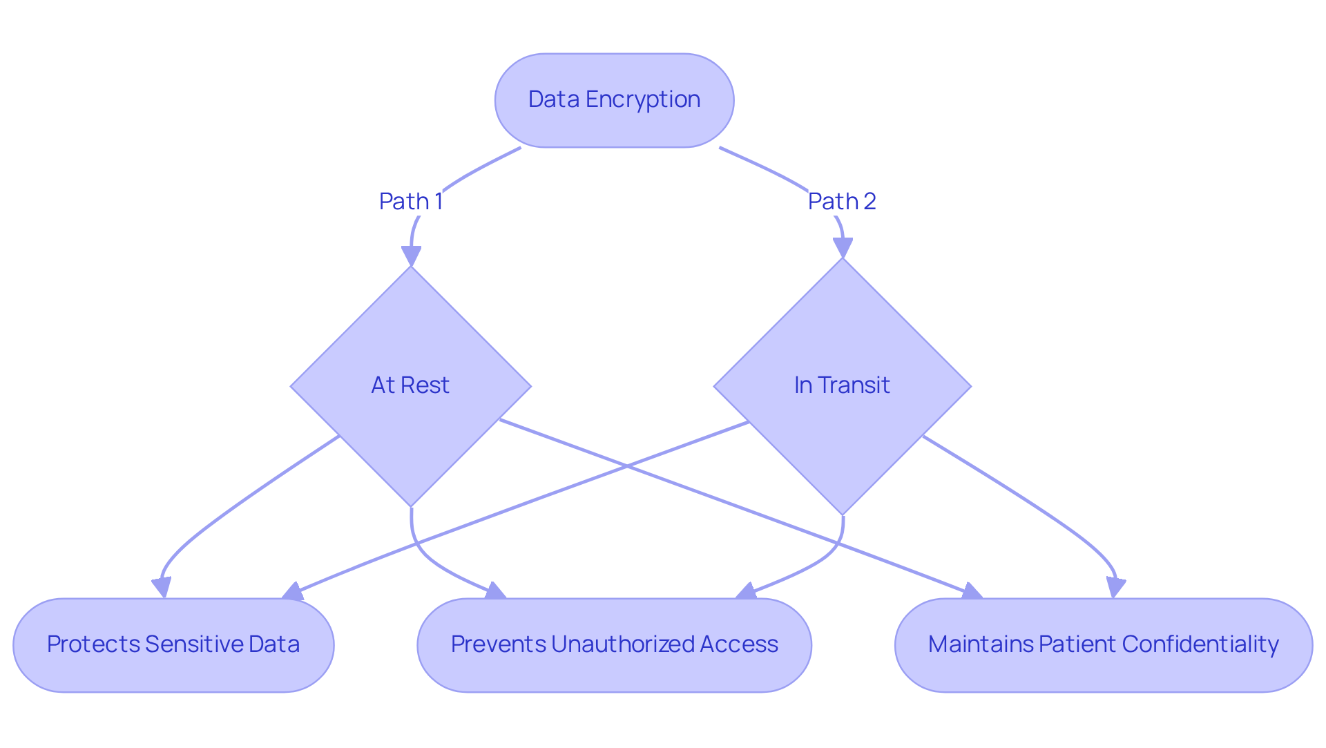 This flowchart shows how data encryption works to protect personal information. Follow the arrows to see how data is secured both when stored and when being transmitted, ensuring that only authorized individuals can access it.