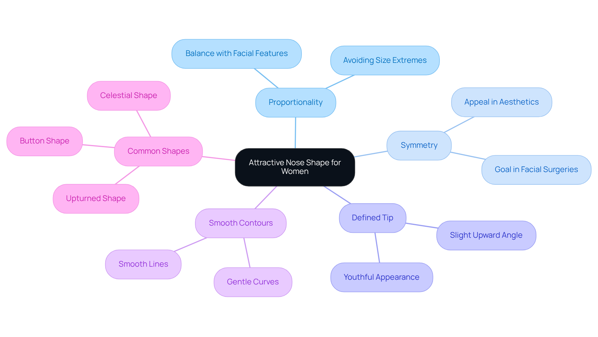 The central node represents the overall concept of an attractive nose shape, while the branches show key features that contribute to this ideal. Each characteristic is important in its own right, and together they create a harmonious look. The central node represents the overall concept of an attractive nose shape, while the branches show key features that contribute to this ideal. Each characteristic is important in its own right, and together they create a harmonious look.