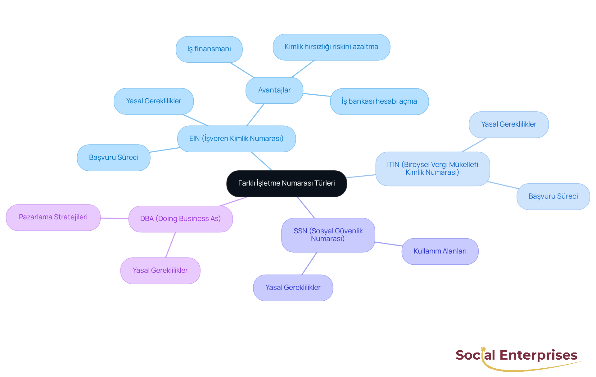 Bu mindmap'te her dal bir işletme numarasını temsil eder. Dalın altındaki bilgiler, o numaranın ne işe yaradığını ve neden önemli olduğunu açıklar. Renkler, her bir numara türünün daha kolay ayırt edilmesine yardımcı olur.