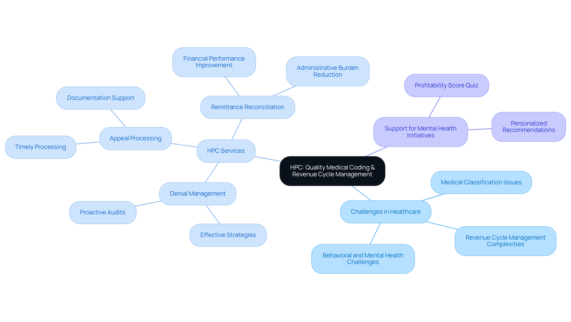 Start at the center with HPC's core services, then explore the branches to see the specific strategies and support offered. Each branch represents a key area of focus, helping you understand how HPC enhances efficiency and billing accuracy.