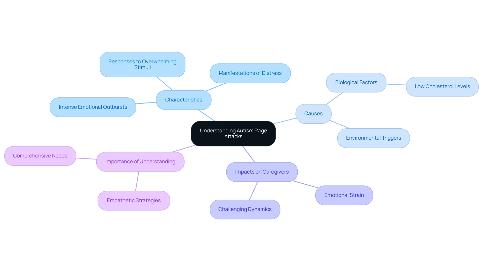 The central node represents autism rage attacks, with branches illustrating characteristics, causes, impacts, and the significance of understanding these emotional outbursts.