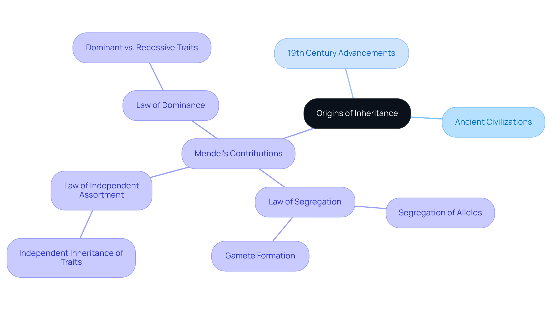 Start at the center with the origins of inheritance, then explore the branches that lead to Mendel's key laws and their significance in modern genetics.