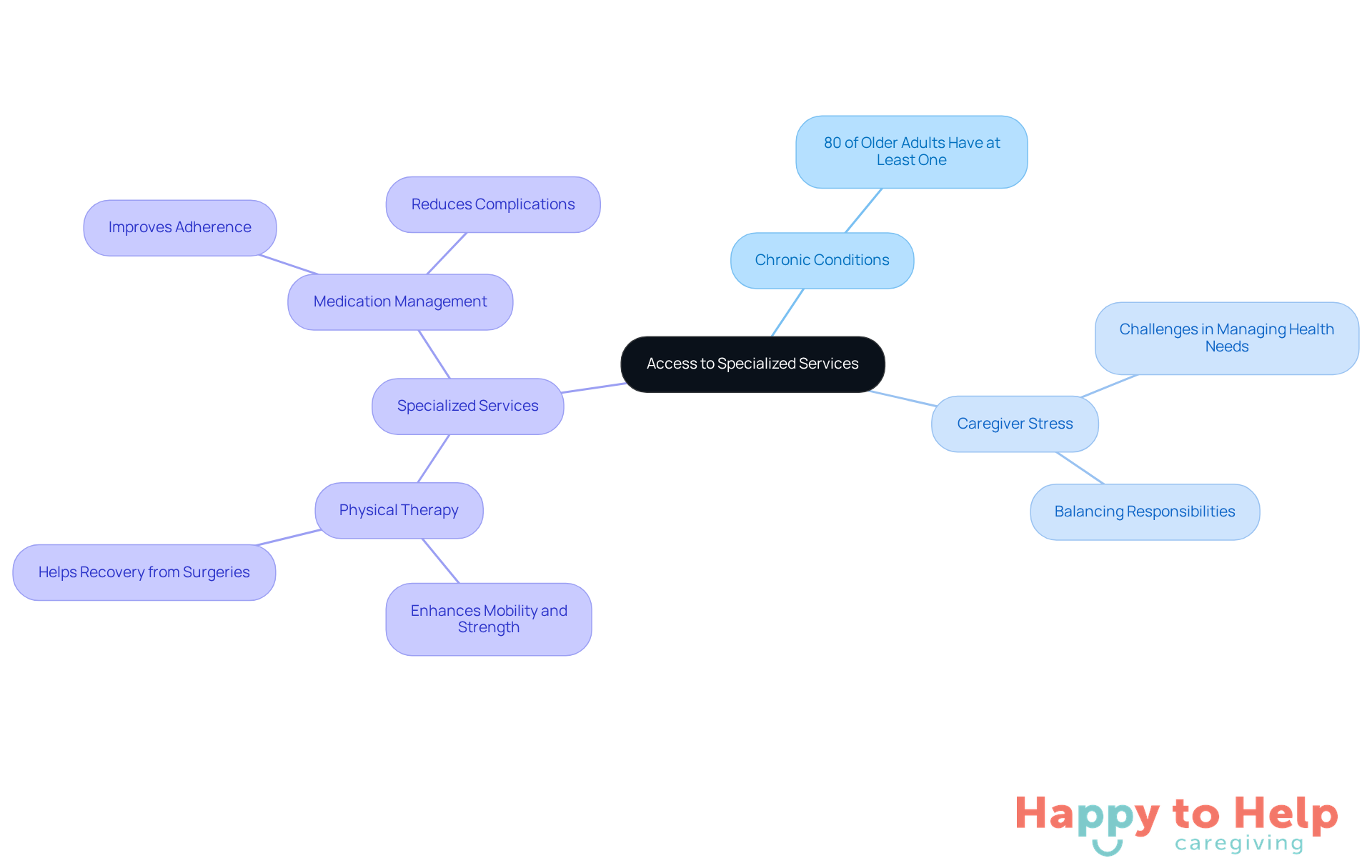 The central node represents the main topic, while branches show related issues and services. Each color-coded branch helps you see how different aspects connect to the overall theme of supporting older adults' health needs.