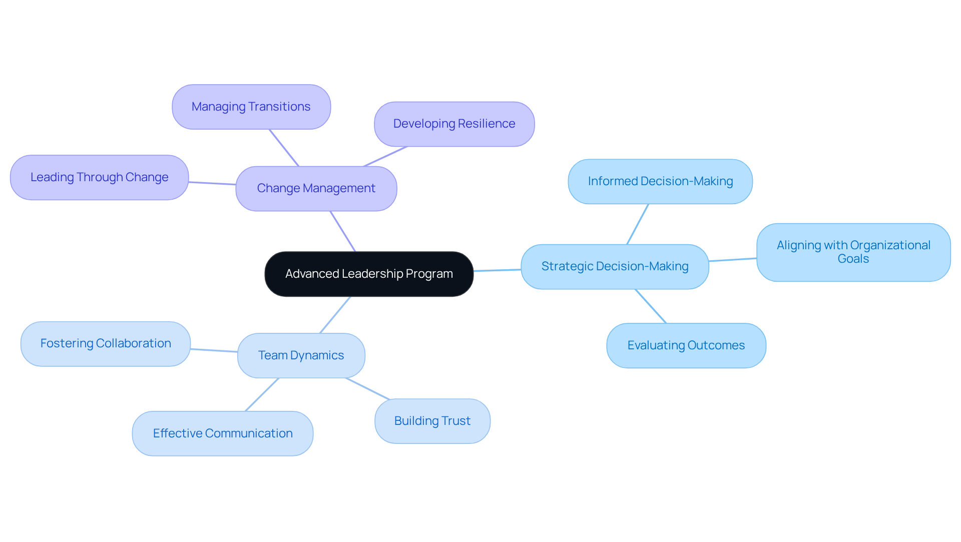 The center represents the overall program, while the branches show the main areas of focus. Each sub-branch provides more detail on what you will learn in that area, helping you understand how they all connect to enhance your leadership skills.
