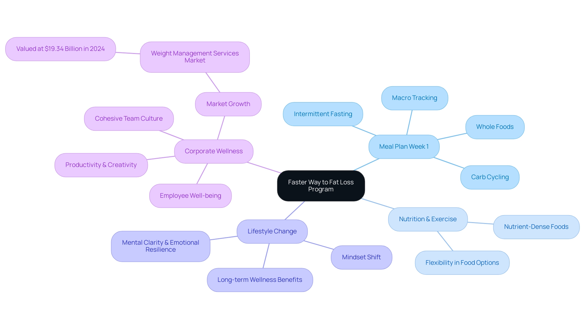 Each branch represents a key aspect of the program, with sub-branches detailing specific components and strategies that contribute to fat loss and overall wellness.