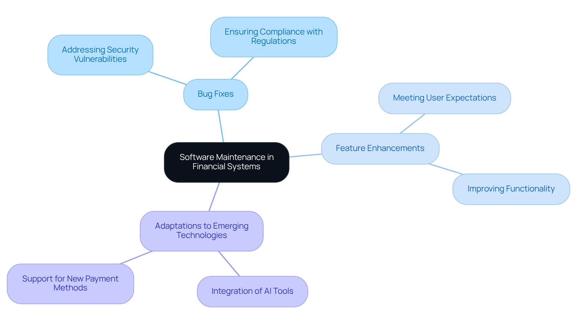 The center represents the main topic of software maintenance, while the branches show specific areas of focus. Each sub-branch highlights important considerations and implications, helping you understand why regular updates are essential.