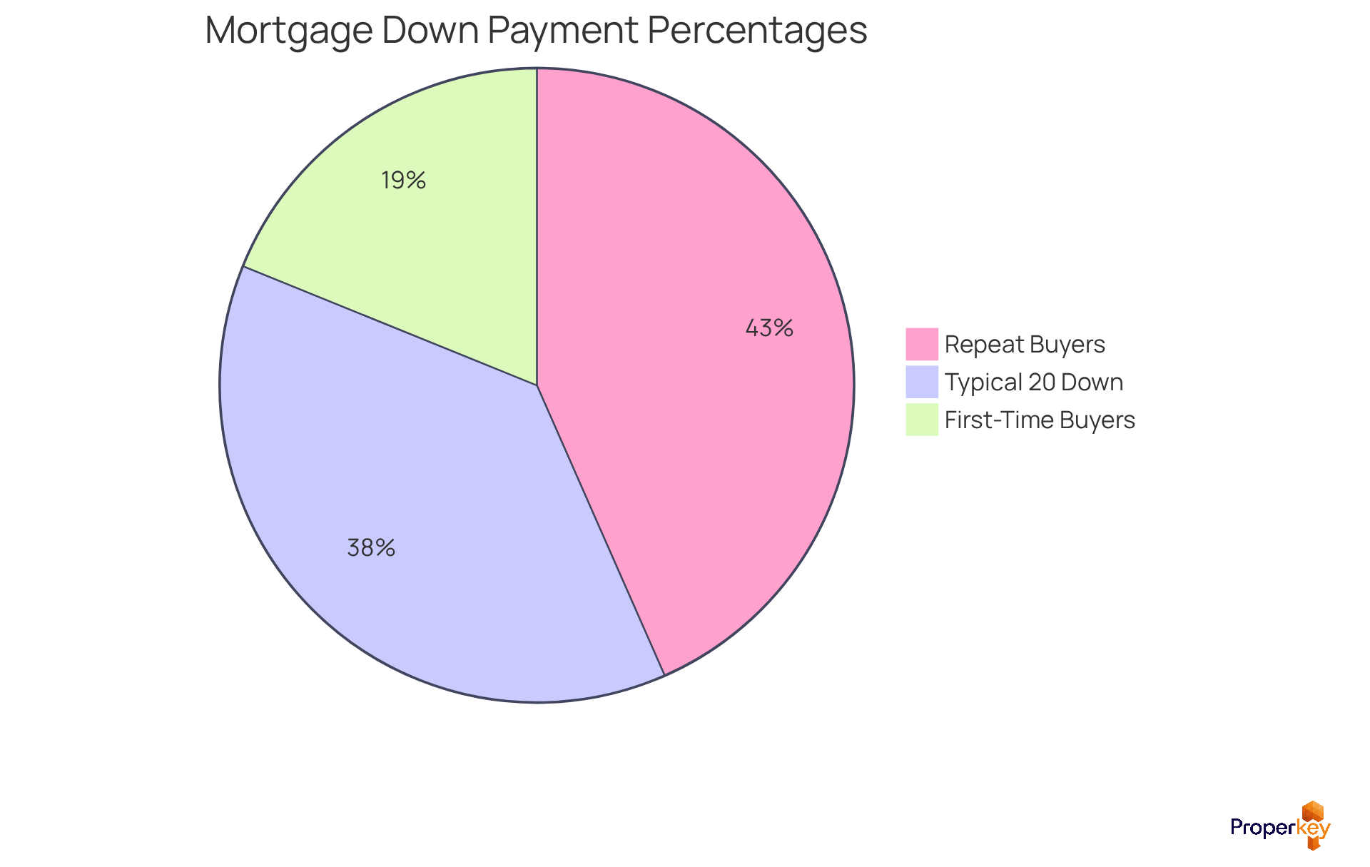 Each slice of the pie shows the percentage of the total home price that different types of buyers typically pay as a down payment. The bigger the slice, the more common that down payment percentage is among buyers. Each slice of the pie shows the percentage of the total home price that different types of buyers typically pay as a down payment. The bigger the slice, the more common that down payment percentage is among buyers.
